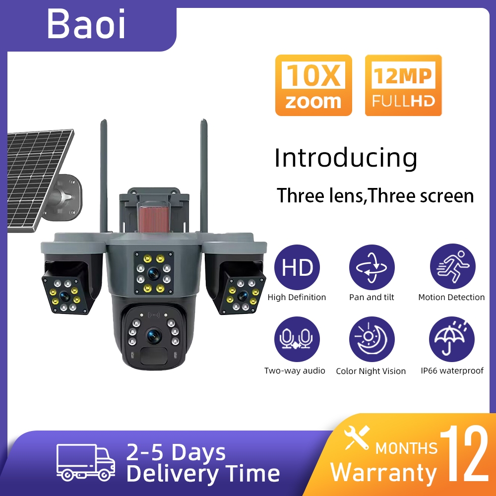 Baoi 3 lens 4G SIM solar CCTV camera outdoor waterproof, CCTV without ...
