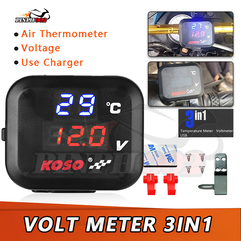 KOSO Motorcycle Voltmeter 3 IN 1 LED Voltmeter Waterproof 12v Universal ...
