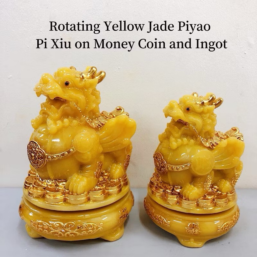 Fengshui Rotating Yellow Jade Piyao Pi Yao on Money Coin and Ingot ...