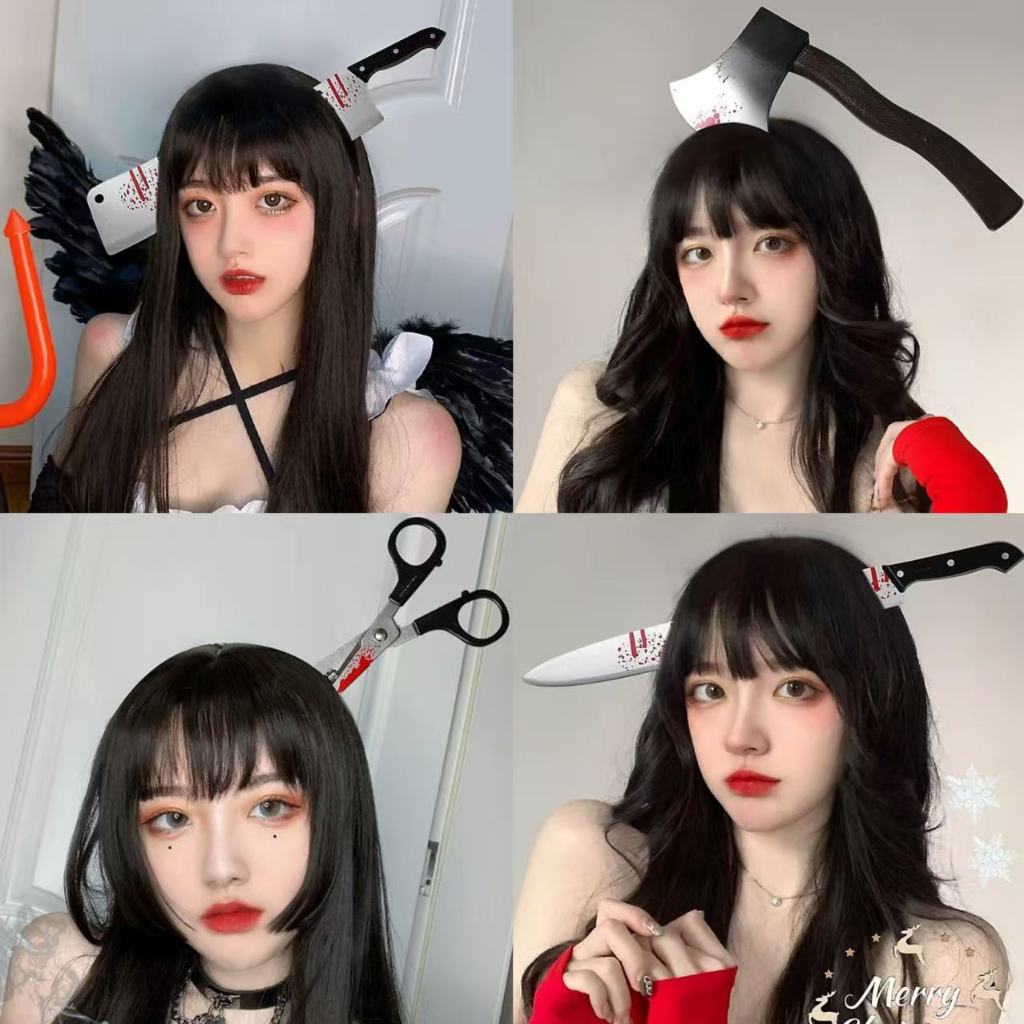 Halloween Prank Headband Props Bloody Axe Knife Scissors Syringe Hair ...