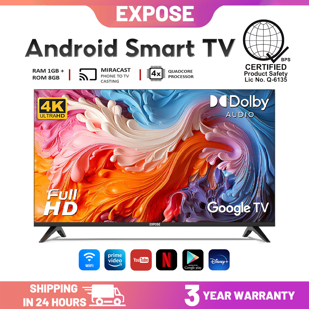 EXPOSE 43 Inch Smart TV Android 12.0 4K 19 24 32 LED WiFi HD Bluetooth ...