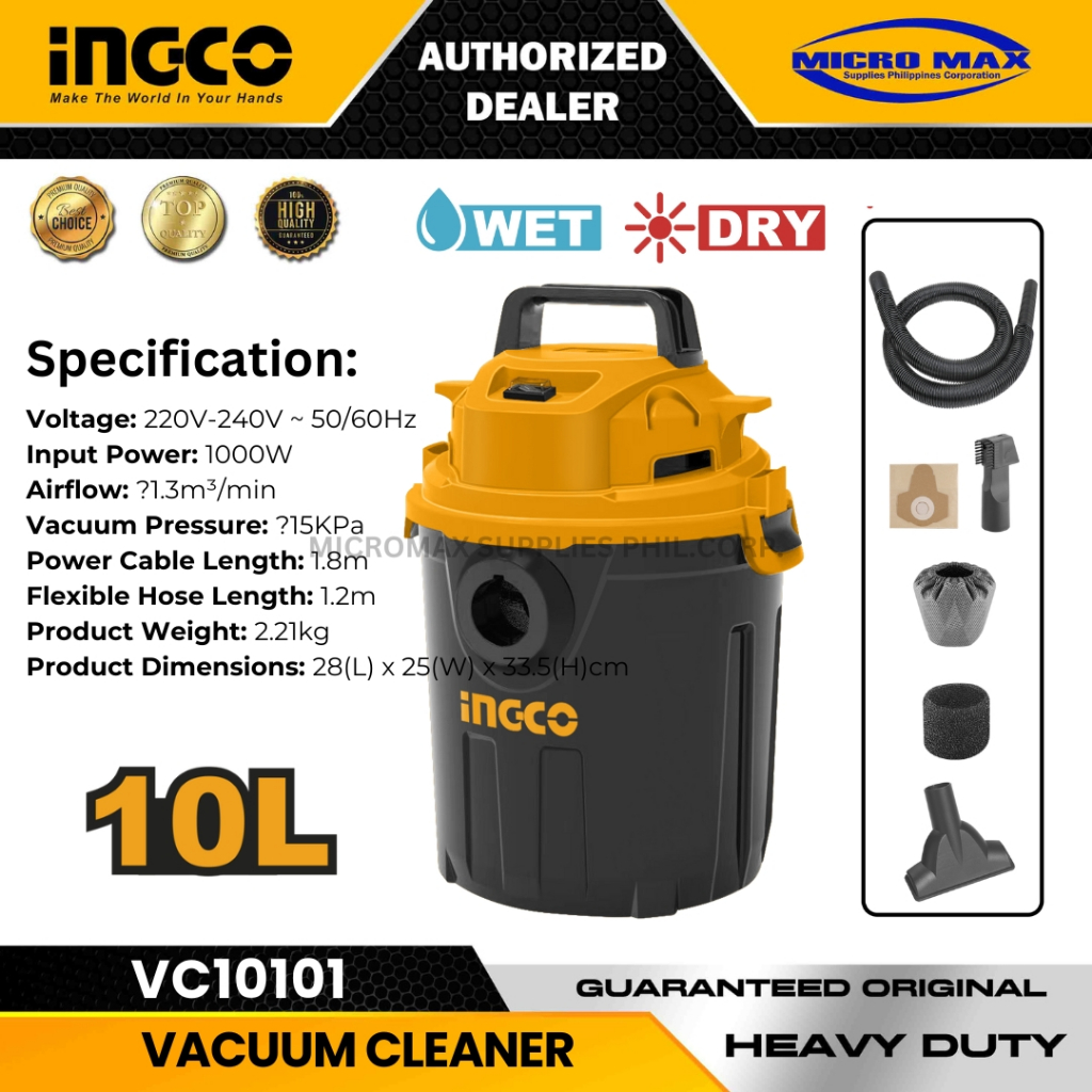 INGCO (VC10101) Wet & Dry Vacuum Cleaner 1000W 10L | Shopee Philippines