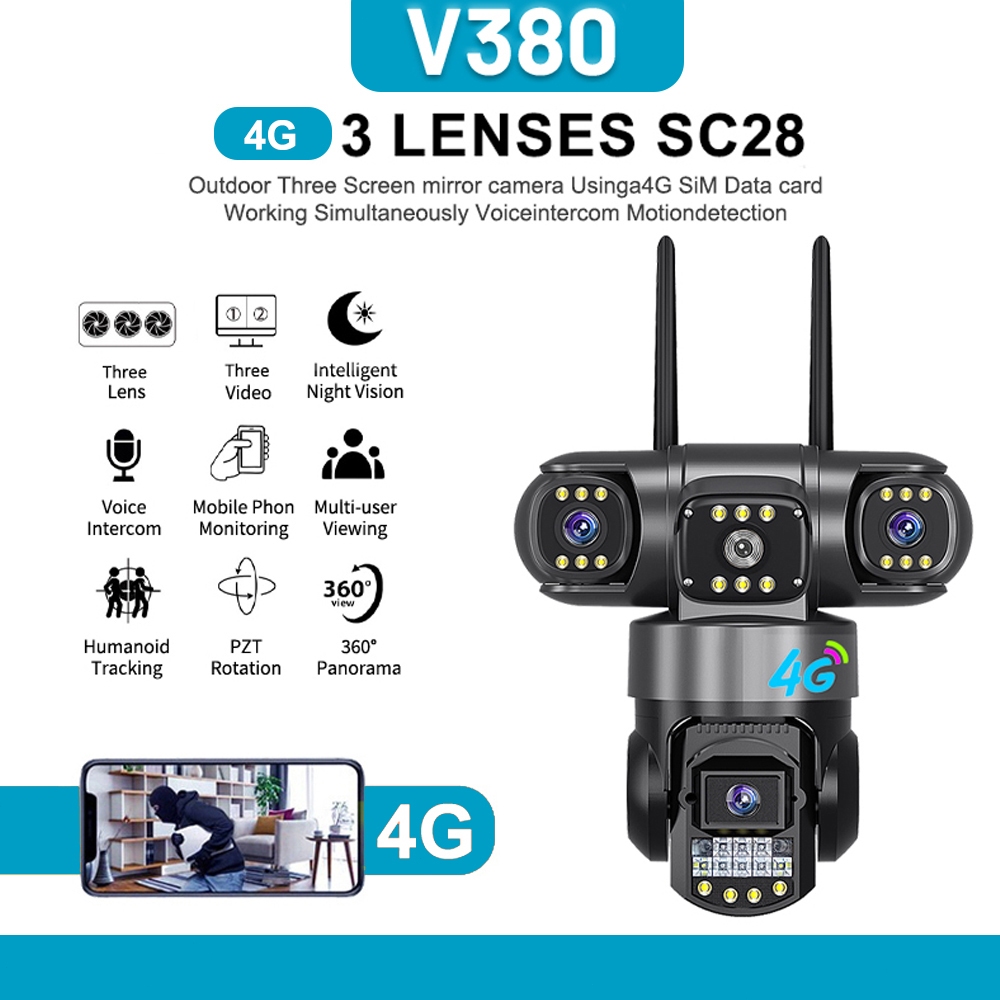 V380 Pro CCTV Camera 4G Sim Three lens Wi-Fi Wireless Outdoor ...