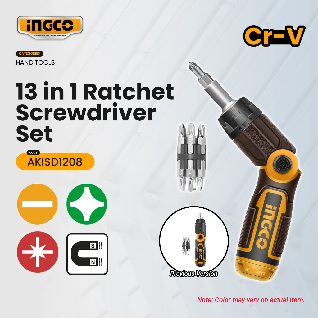 Ingco 13-in-1 Ratchet Screwdriver Set CR-V, Folding Handle AKISD1208 ...