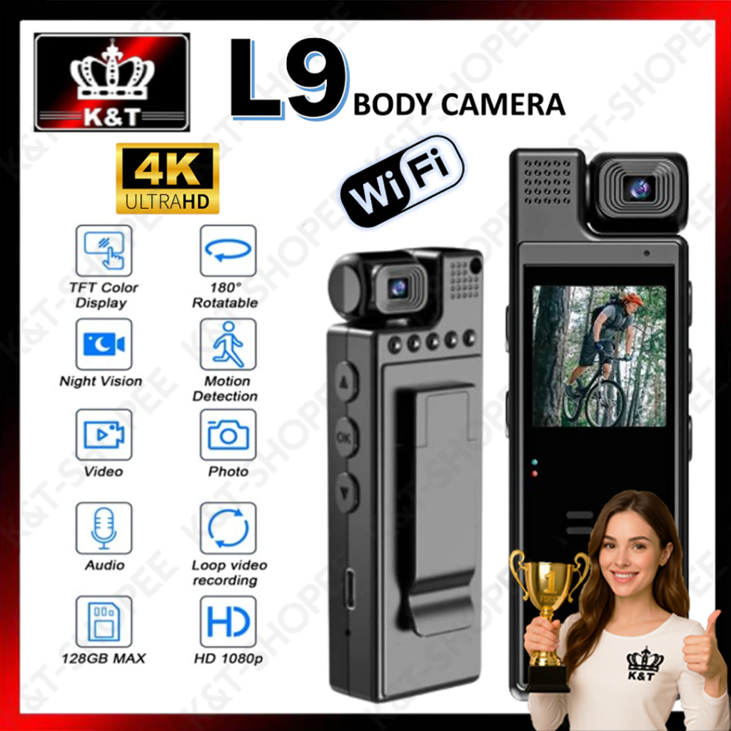 L9 4K WiFi HD Portable Body Camera Video Recorder Night Vision, Motion Detection 180° Rotatable ...
