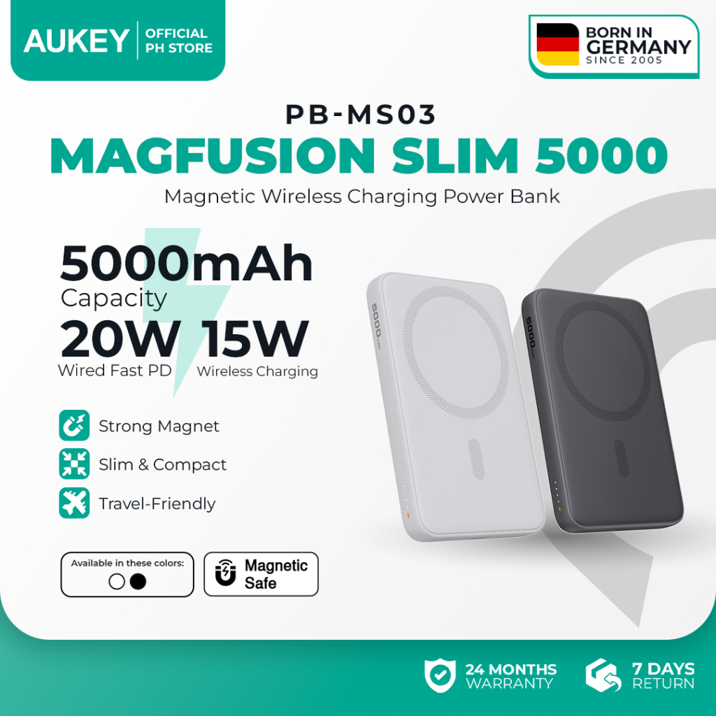 AUKEY PB-MS03 5000mAh Wireless Magnetic Power Bank, Slim & Compatible ...