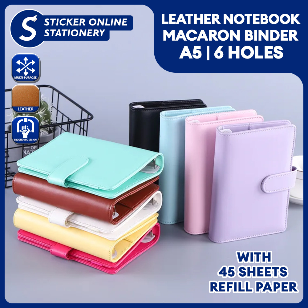 Leather Notebook Macaron Binder A5 with 45sheets Refill Paper Loose ...