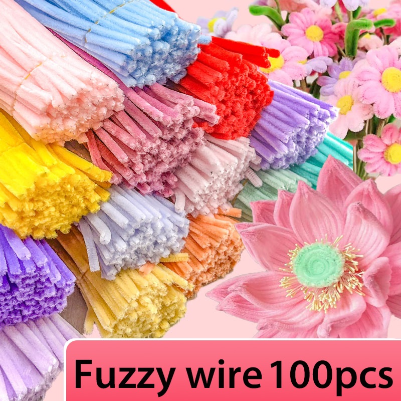 100PCS Fuzzy Wire Colored Chenille Wires Fluffy Sticks Stems Twist Tie ...