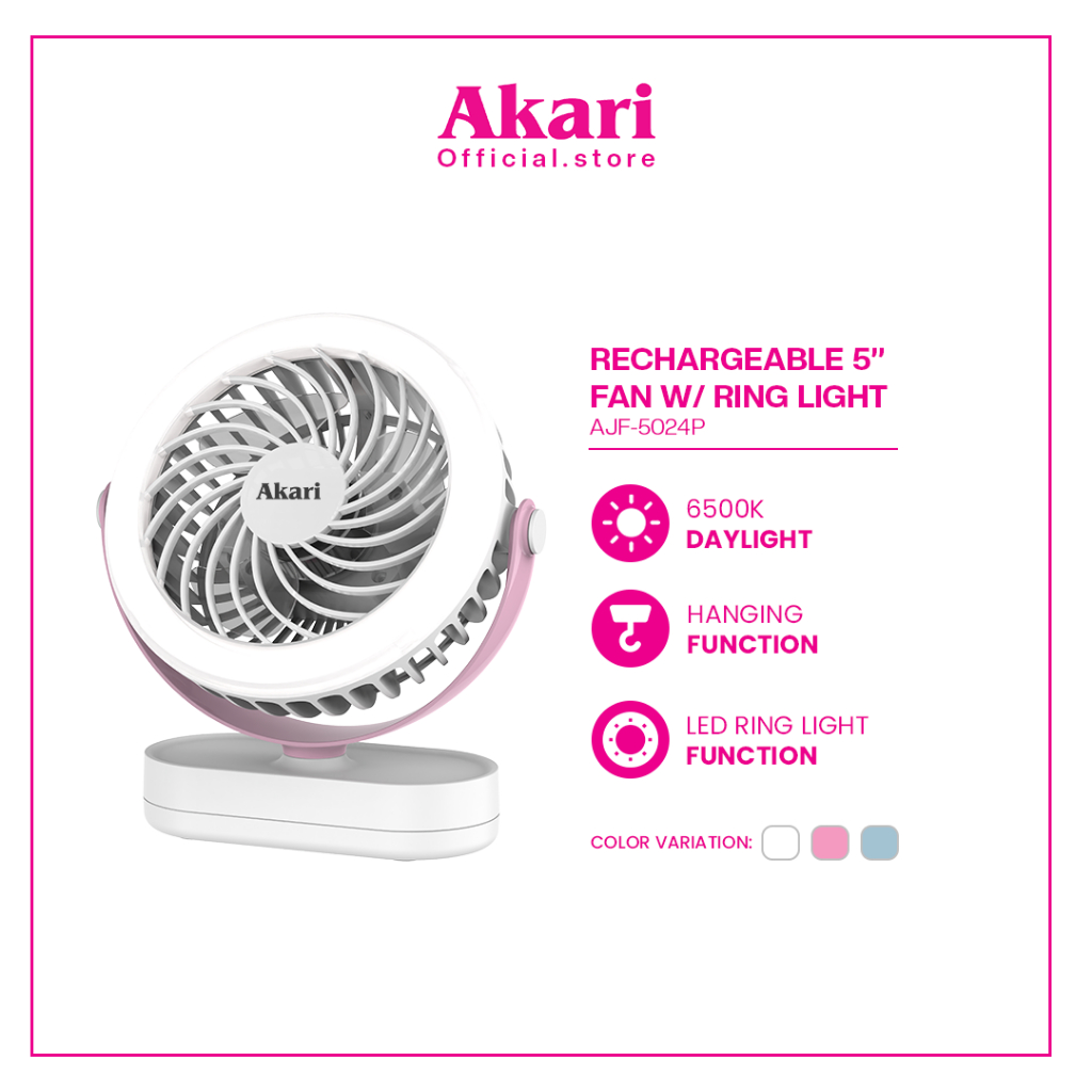 Akari 5" Rechargeable Fan w/ Ring Light (AJF-5024) | Shopee Philippines