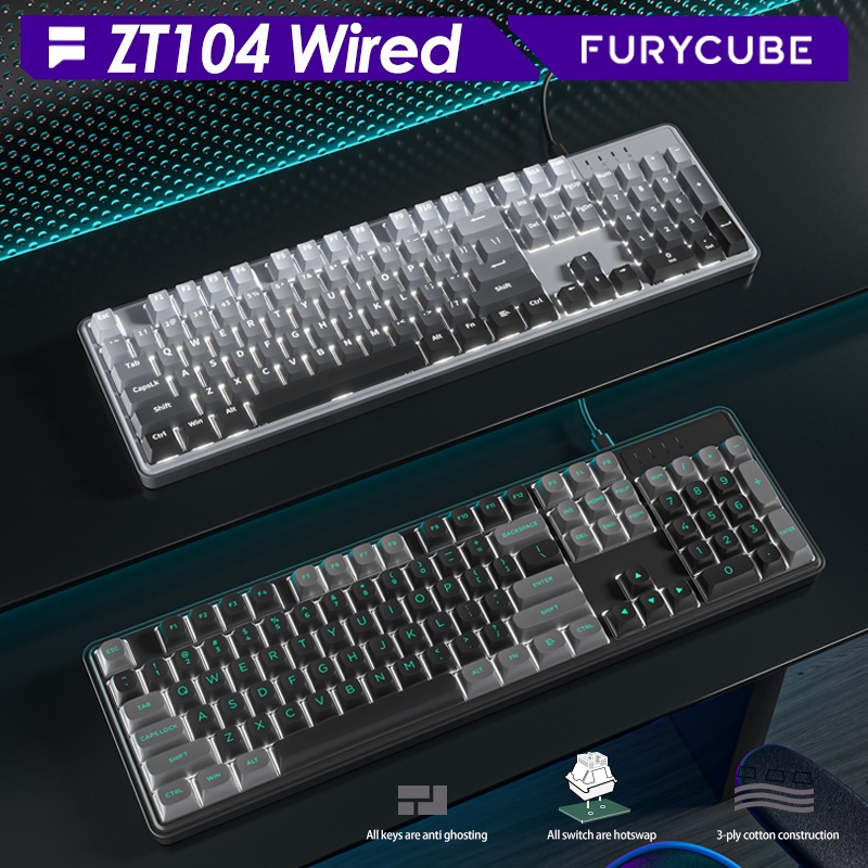 FURYCUBE ZT104 Mechanical Keyboard Silver Switches Wired Hot Swappable ...