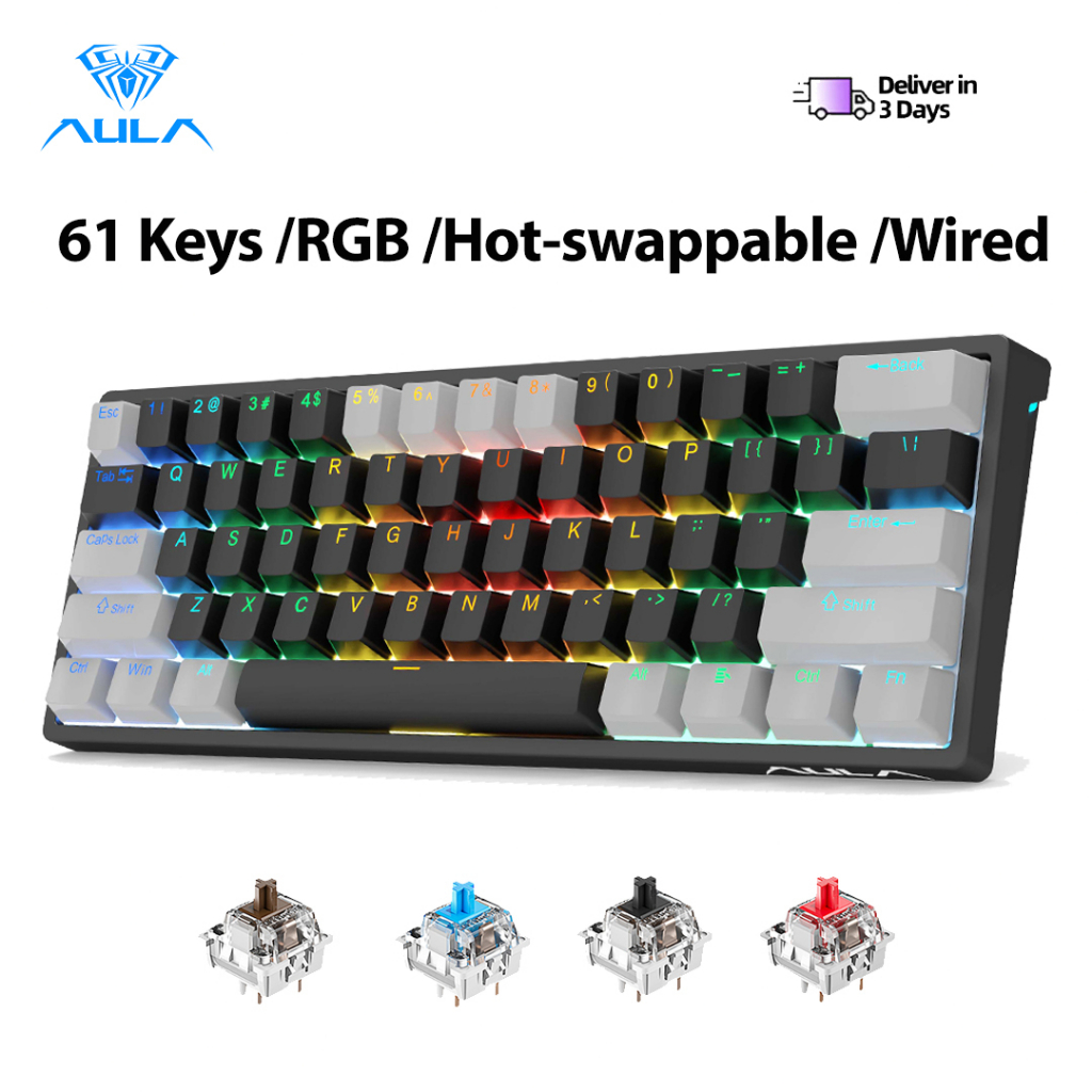 AULA F3261 Hot-Swappable 61 Keys RGB Backlit Detachable Type-C Wired ...