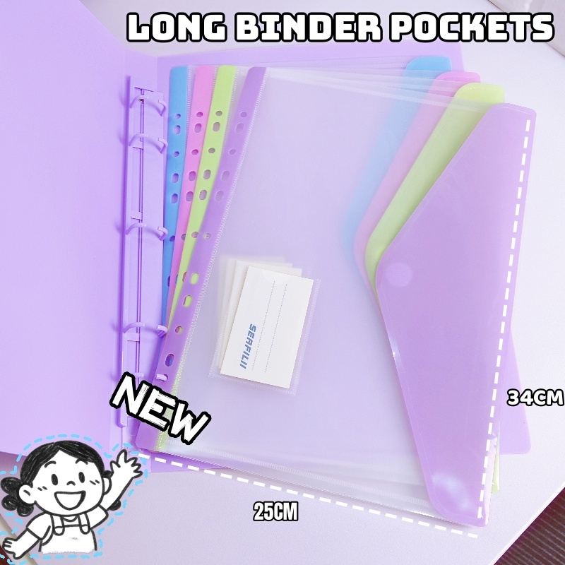 Long/A4 Size Binder Pockets 11Holes Plastic Envelopes with Velcro Clear ...