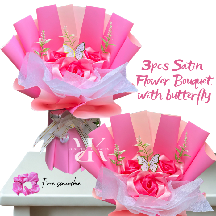 3pcs Satin Flower Bouquet with Butterfly | Perfect for Gifts + FREE ...
