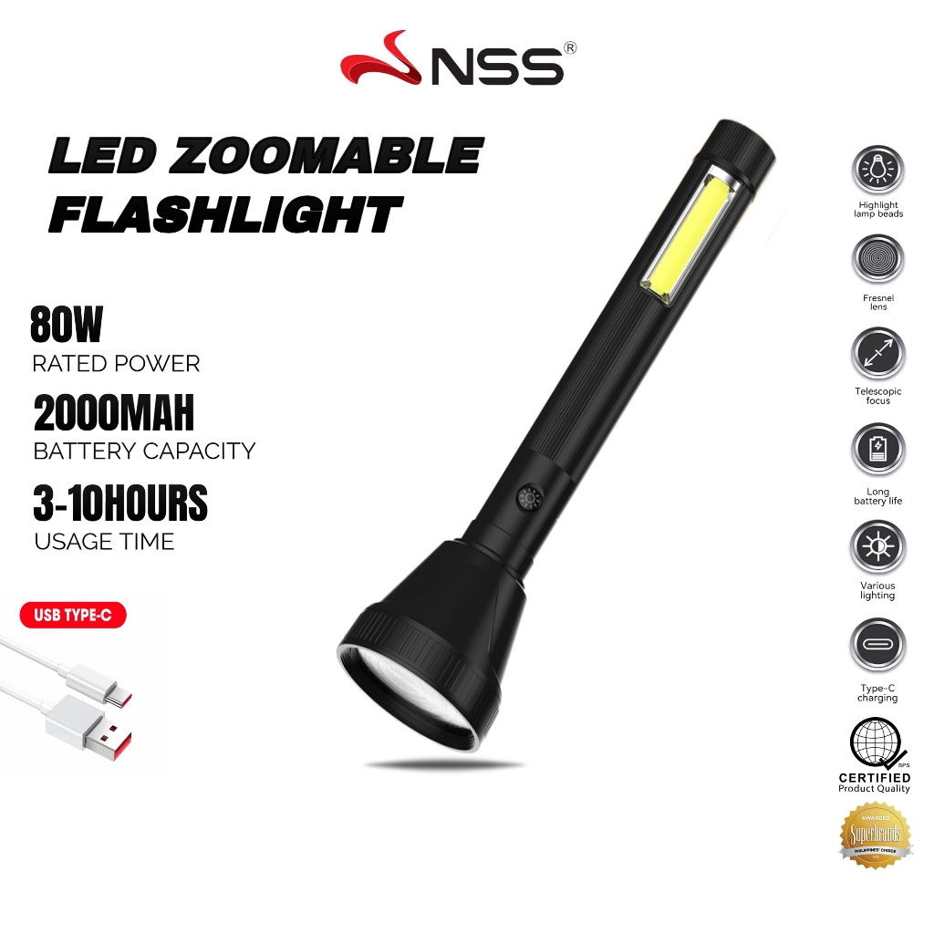 NSS NS-9061 LED Zoomable Flashlight – FOUR LIGHT MODES 80W Ultra Bright ...
