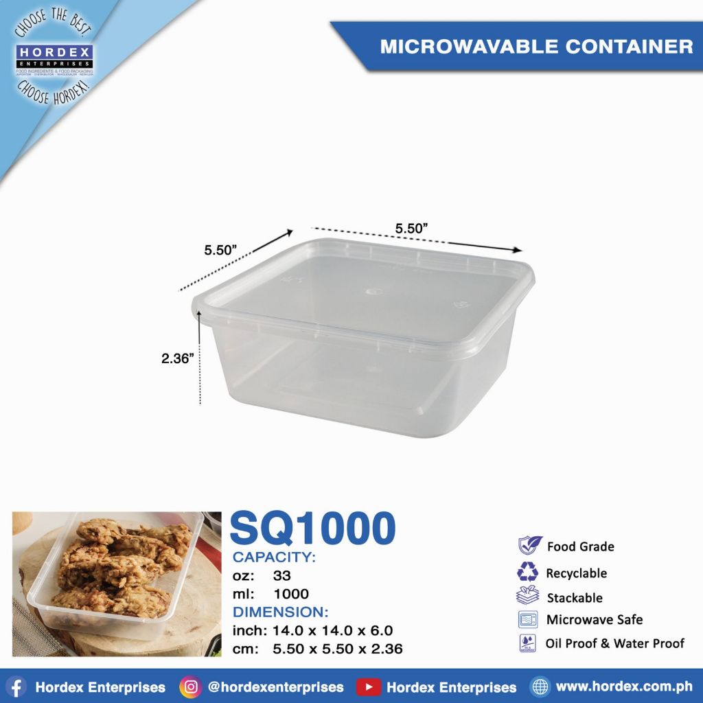 Plastic Square Microwavable Container 1000ML SQ1000 WITH LID - Clear ...