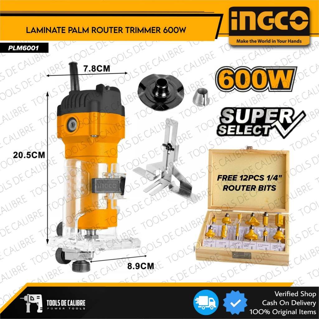INGCO Laminate Router Trimmer 600W PLM6001 with 12 PCS Router Bits 1/4 ...