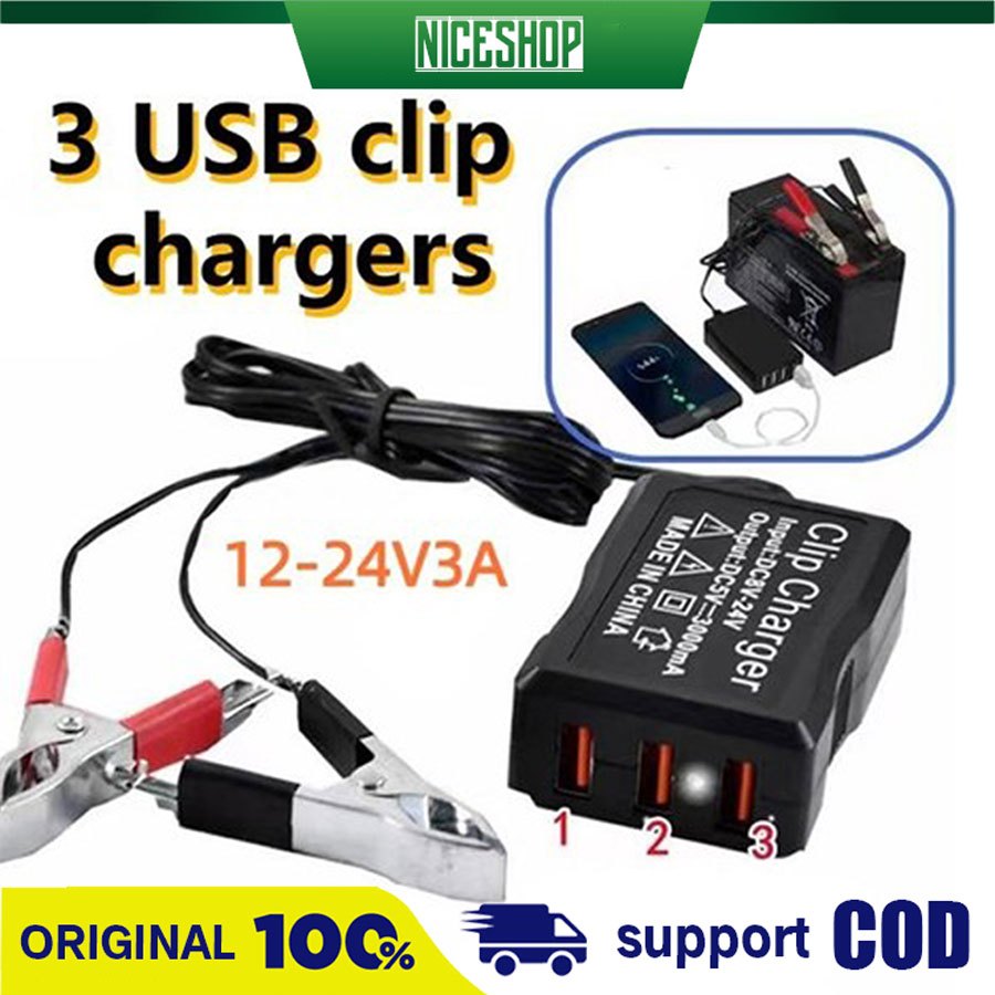 Battery Clip charger DC12V 24V to 5V 3USB Charging Port 3A Wall Charger ...