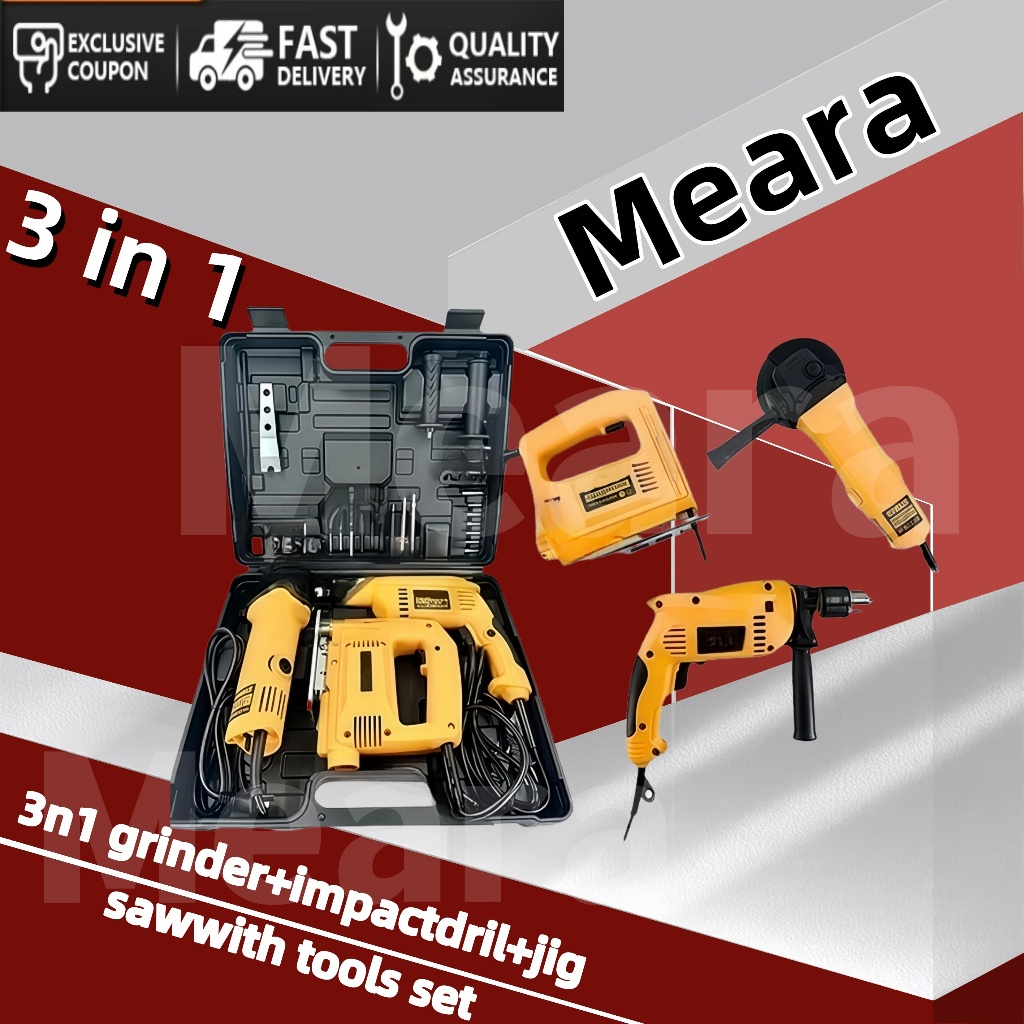 Meara yellow 3 in 1 Angle Grinder and Impact Drill and JigSaw Set With ...