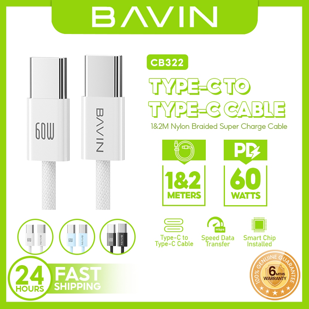 BAVIN CB322 60W Pd Fast Charging Data Cable w/ 1&2m Length Nylon Braided Type-C to Type-C ...