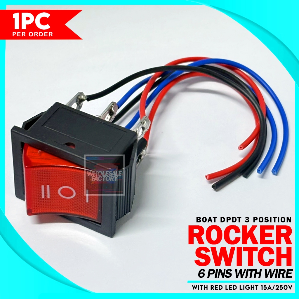 Boat Rocker Switch DPDT 3 Position With Red LED Light ON-OFF-ON 6 Pins ...