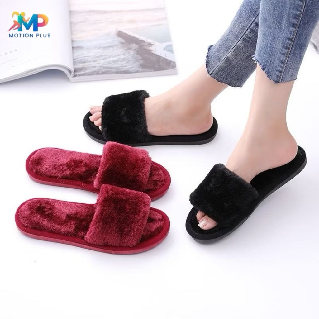 【MOTION】Women Shoes Brand Winter Warm Slippers Fur Slides Solid Slip On ...
