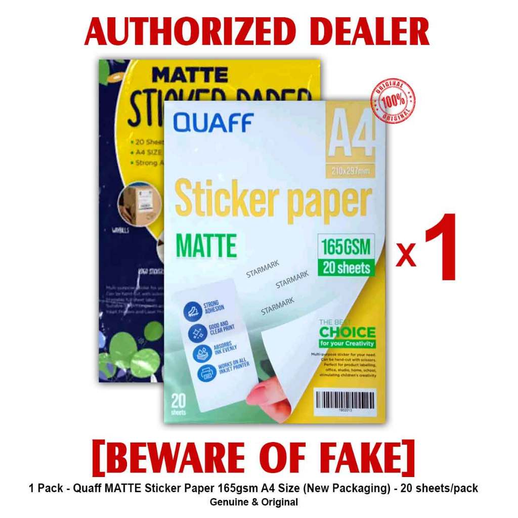 Quaff MATTE Sticker Paper Papers Stickers A4 Size 165gsm 20's - 1 Pack ...