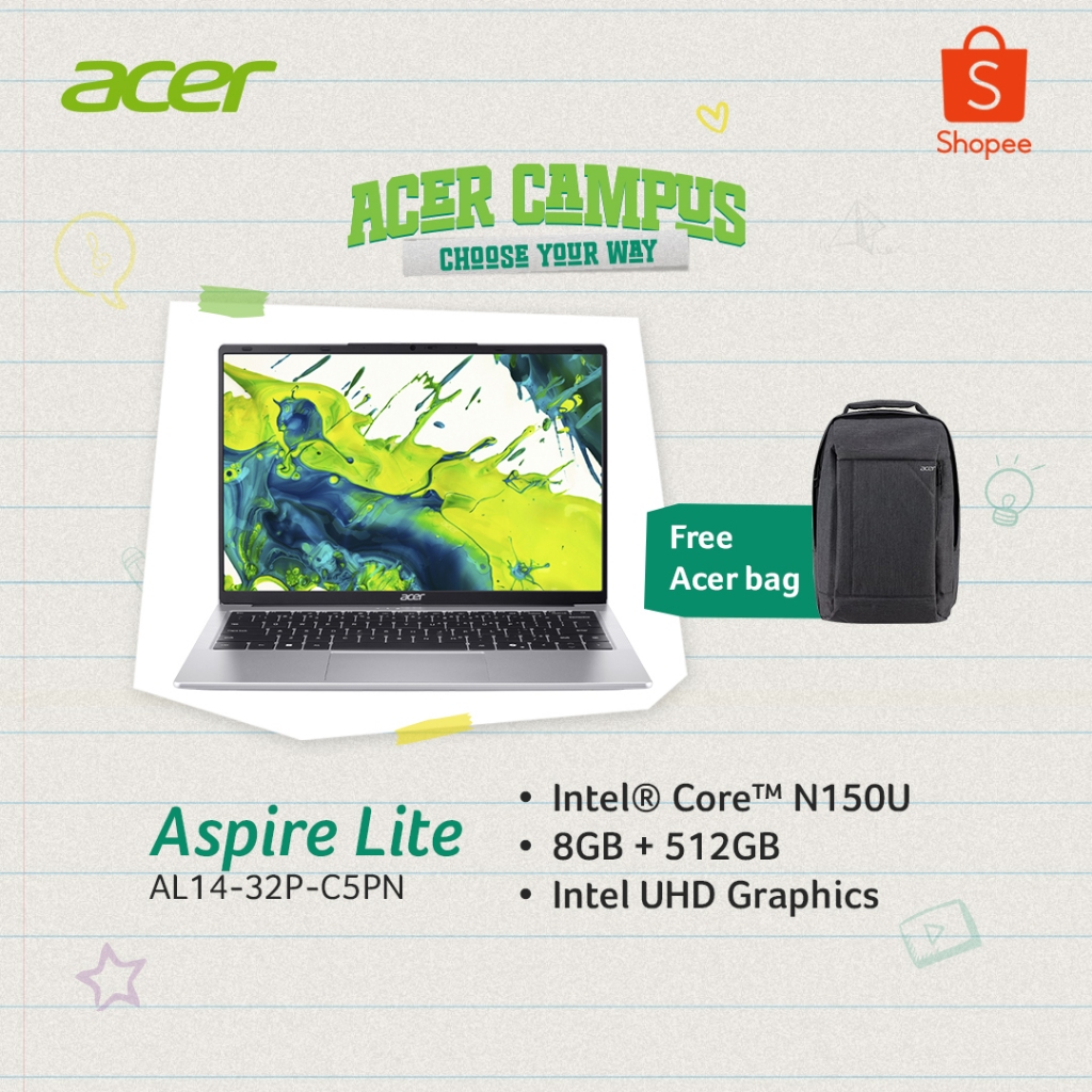 Acer Aspire Lite AL14-32P-C5PN Laptop | 14" IPS | Intel Core N150U| 8GB ...