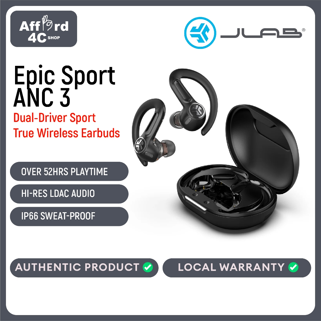 JLab Epic Sport ANC 3 True Wireless Bluetooth Earbuds for Active ...
