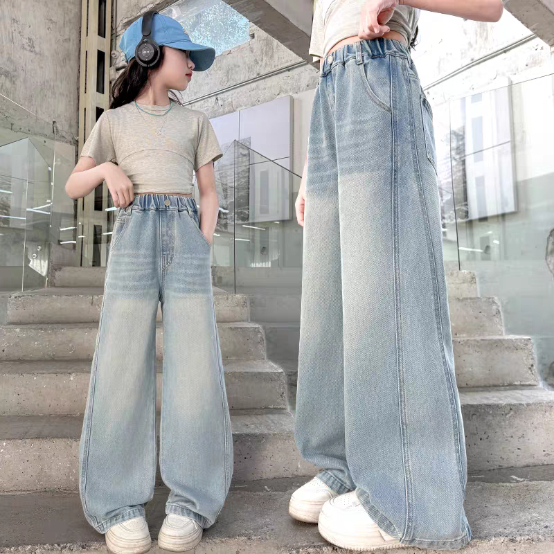 Cargo Maong Pants for Kids Girls with 6 Pockets Baggy Wide Leg Jeans ...
