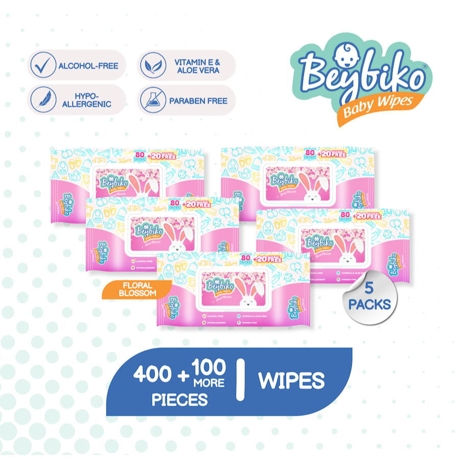 Beybiko Baby Wipes Floral Scented 80 sheets + 20 sheets free X 5 Pack ...