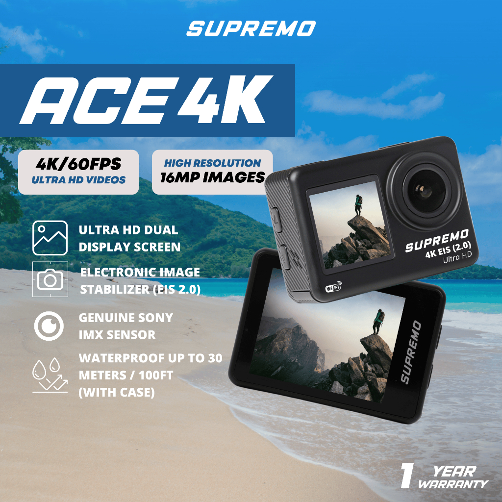 Supremo Ace 4K Dual Display Waterproof Action Camera 4K/60FPS Remote ...