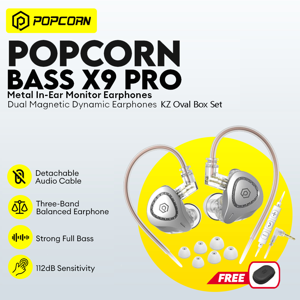 Popcorn Bass X9 Pro In Ear Dynamic Earphone HIFI DJ with KZ Oval Box ...
