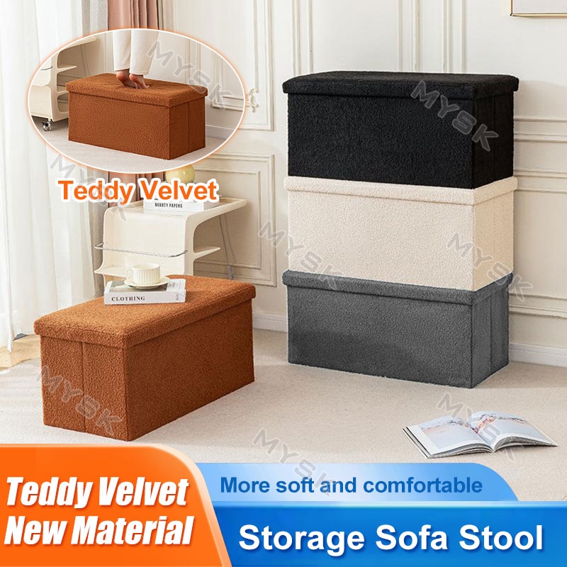 Ottoman Storage Box Storage Stool Teddy Velvet Folding Storage Stool ...