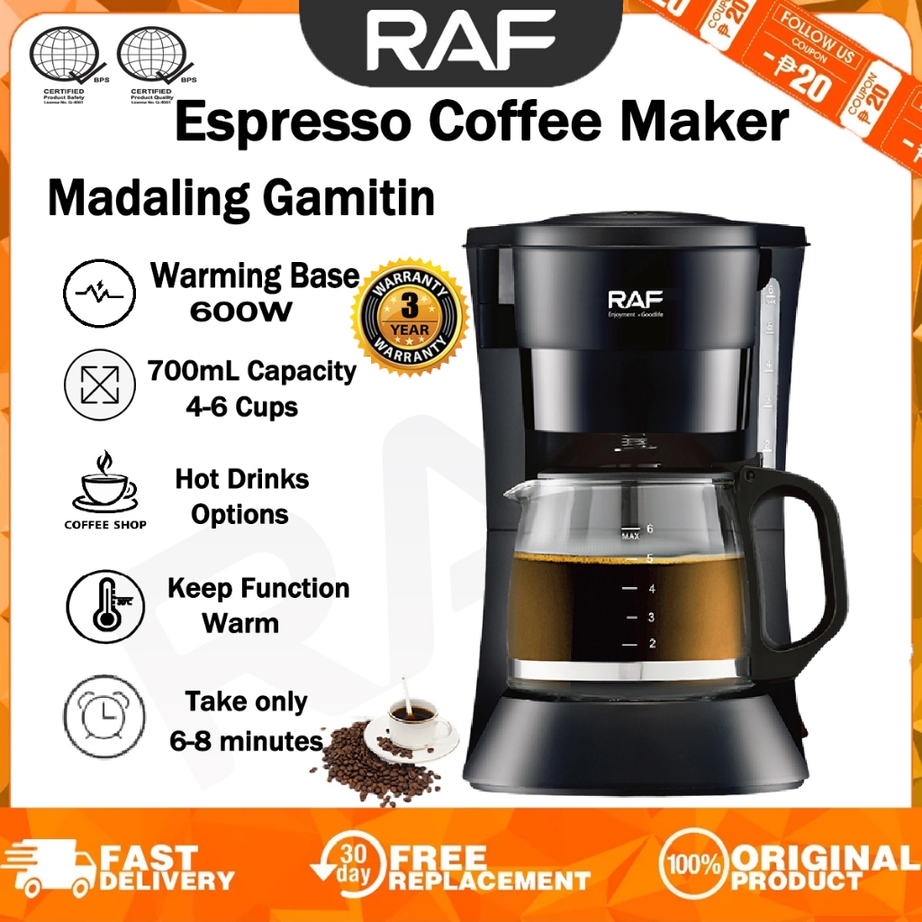 RAF Espresso Coffee Maker 6 Cups Coffee Machine 600W 0.6L Glass Carafe ...