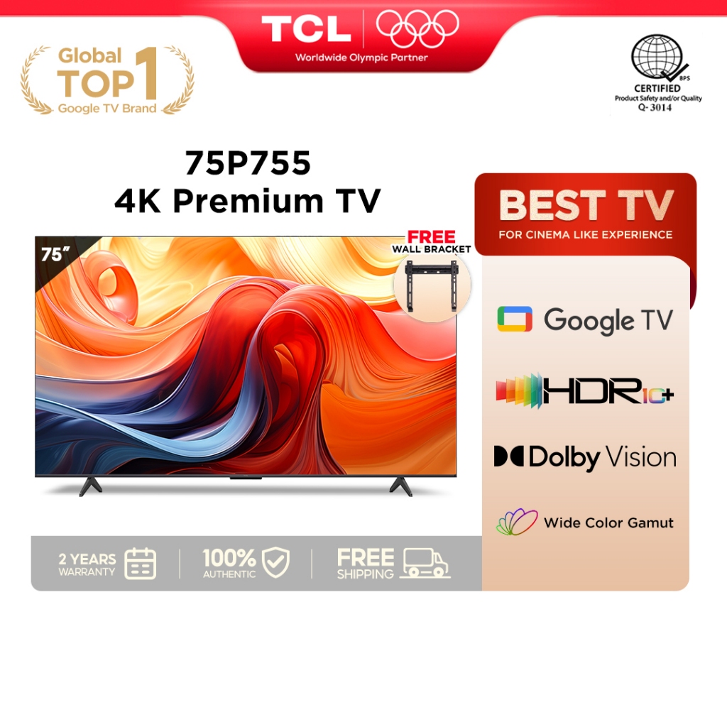 TCL 75 inch 4K UHD + HDR 10+ Google Smart TV - 75P755 (AiPQ Processor ...
