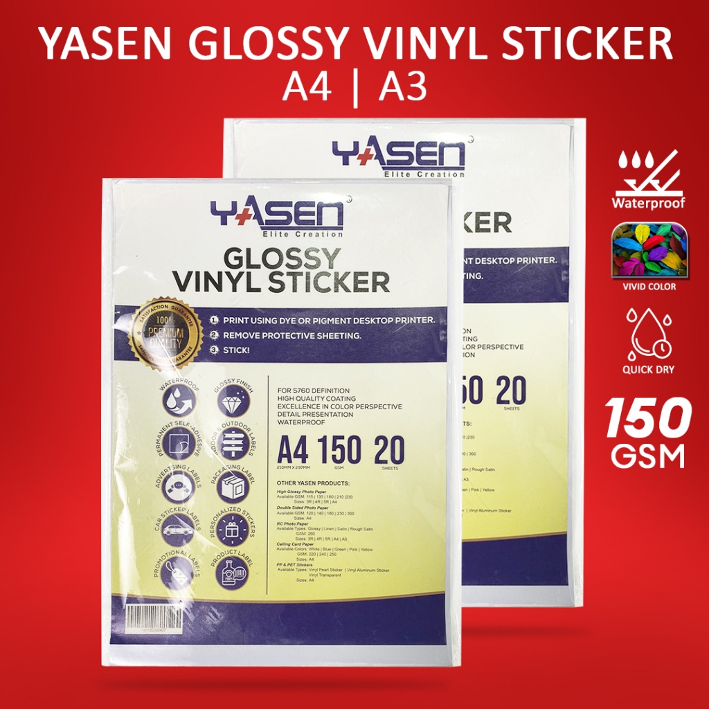 Yasen A4 & A3 Glossy Vinyl Sticker 150GSM Label Sticker 20 pcs | Shopee ...