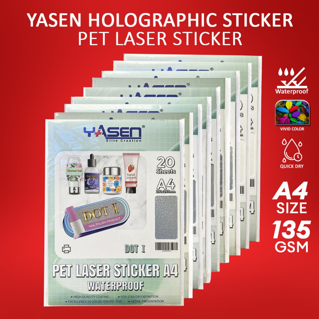 Yasen A4 PET Laser Sticker Holographic Glossy & Transparent Printable ...