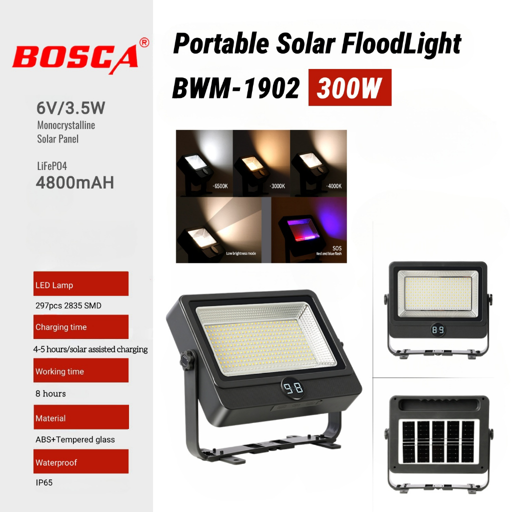 BOSCA 300W Portable Solar FloodLight 5 Lighting Mode 3 Color Dimming ...