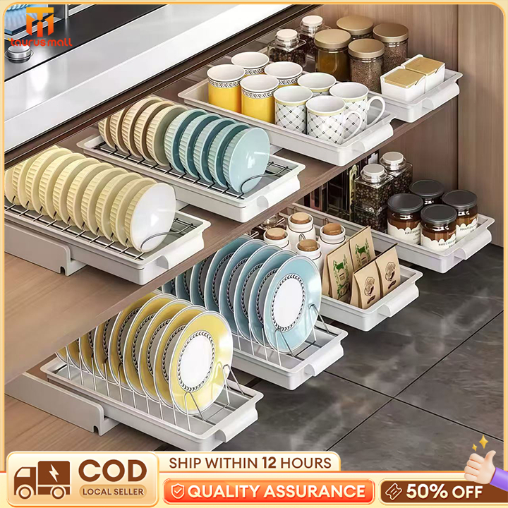 No installation required Kitchen dish storage rack pull-out slide ...