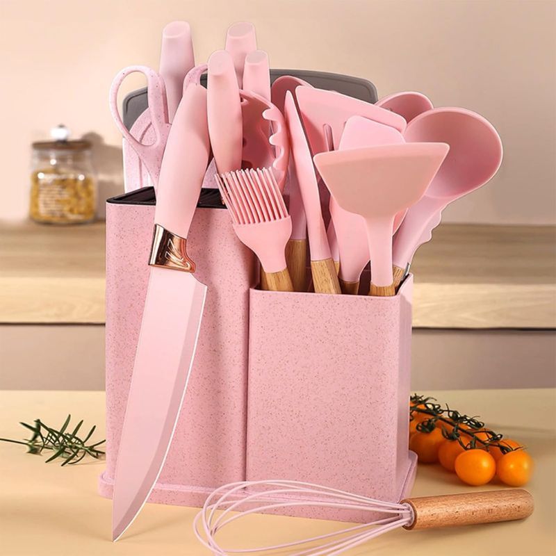 19pcs Silicone Kitchen Utensil Kit with Wooden Handle Non-stick Heat ...
