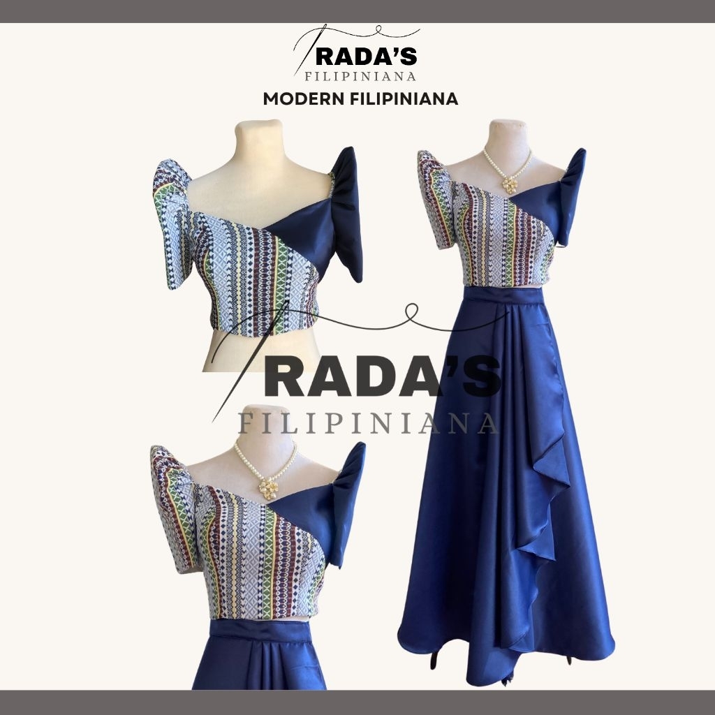 Modern Filipiniana Ethnic Navy Blue with Overlap Skirt with Slit ...