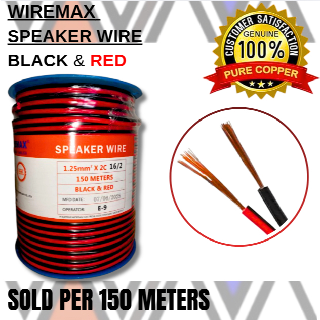 WIREMAX SPEAKER WIRE Black and Red 16/2 1.25mm²x2C 150 Meters 100% Pure ...