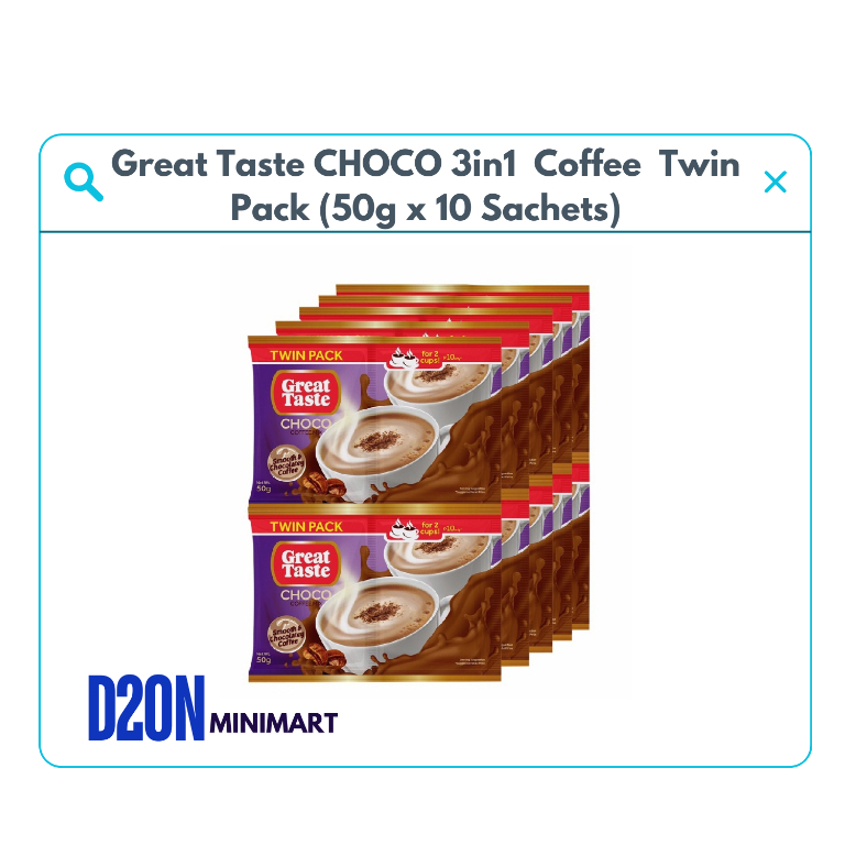 Great Taste CHOCO 3 in 1 Coffee Twin Pack 50g x 10 Sachets | Shopee ...
