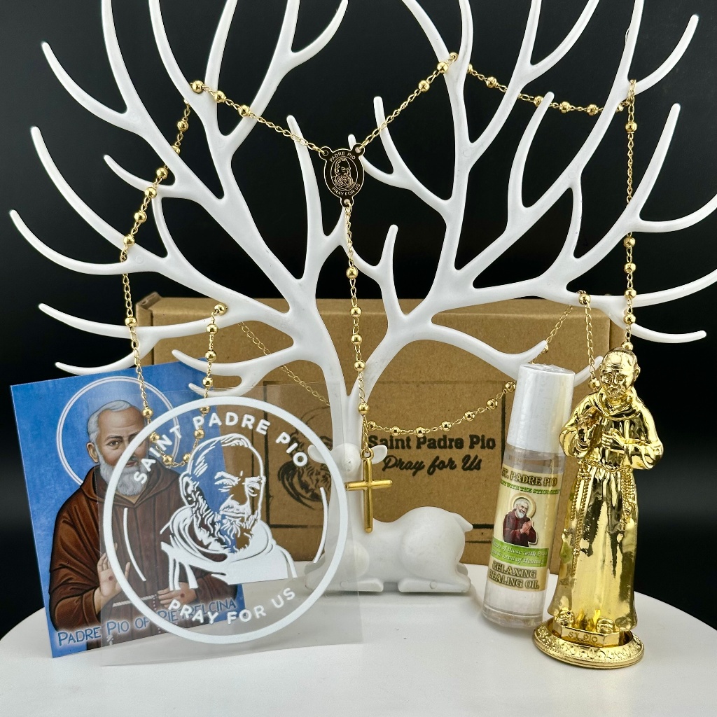 Blessed Saint Padre Pio Car Sticker, Gold Rosary, and Gold Statue ...