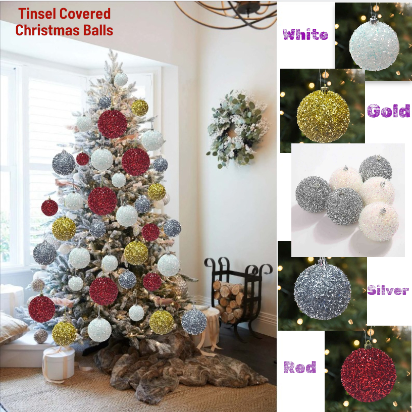 12cm/15cm Christmas Balls Tinsel Covered Christmas Tree Ornaments ...