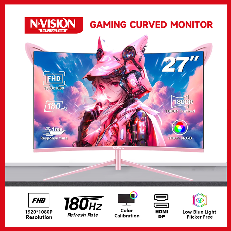 Nvision 27" Pink Curved Gaming Monitor 180HZ 1ms FHD 1800R FreeSync, G ...