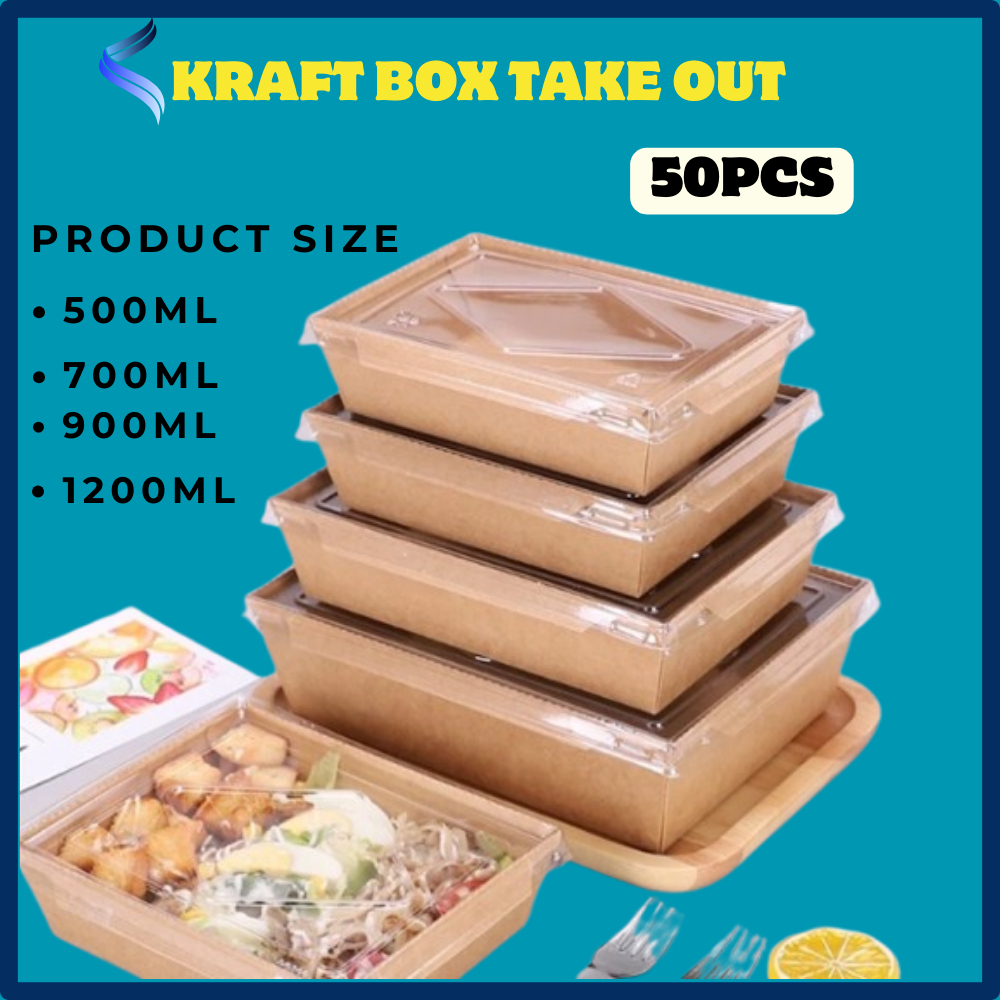 50PCS Kraft Box with Clear Lid Disposable Take Out Meal Food Box Kraft ...