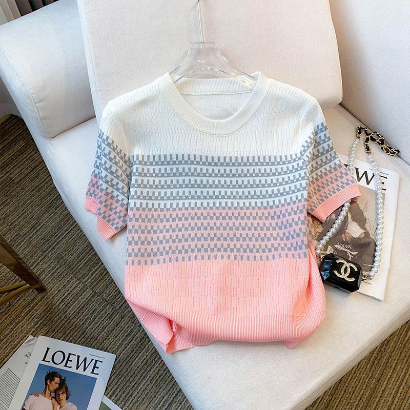 UIKI Contrast Striped Short Sleeved T-shirt Round Necked Knitted Women ...
