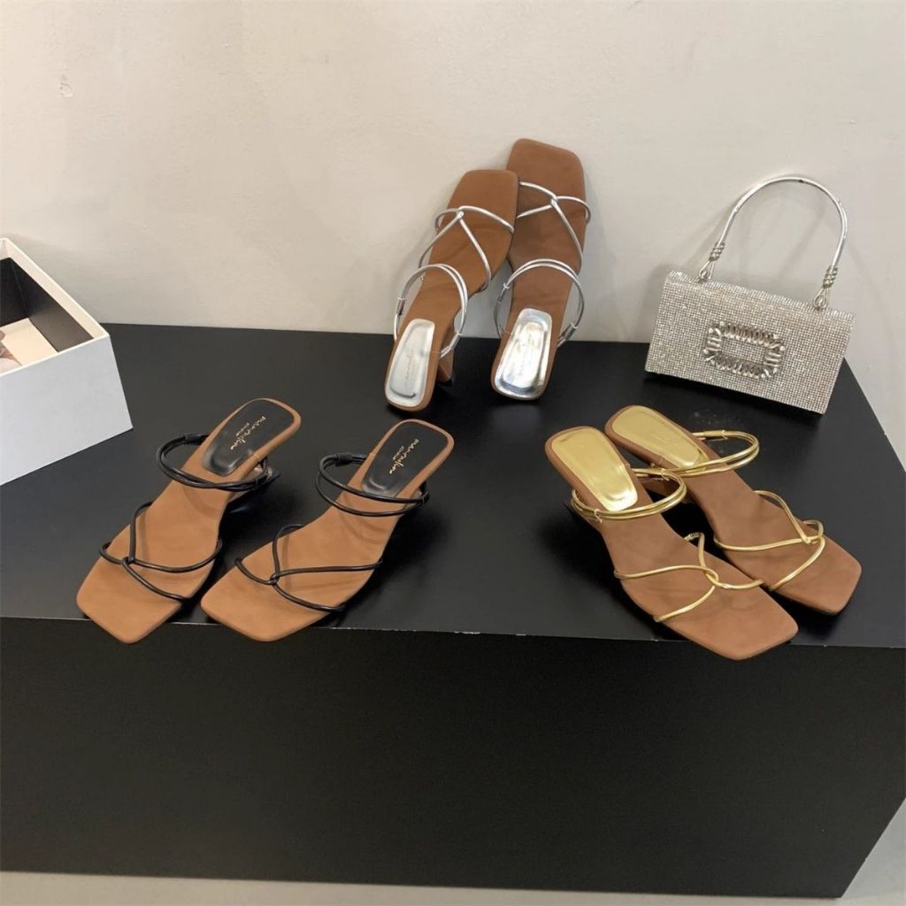 summer new style cross-slim strap square-toe open-toe mid-heel slippers ...