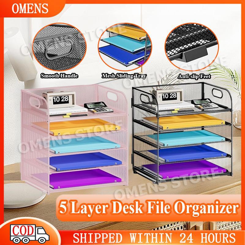 5 Layer Desk File Organizer with Handle Metal Desktop Document Shelf ...